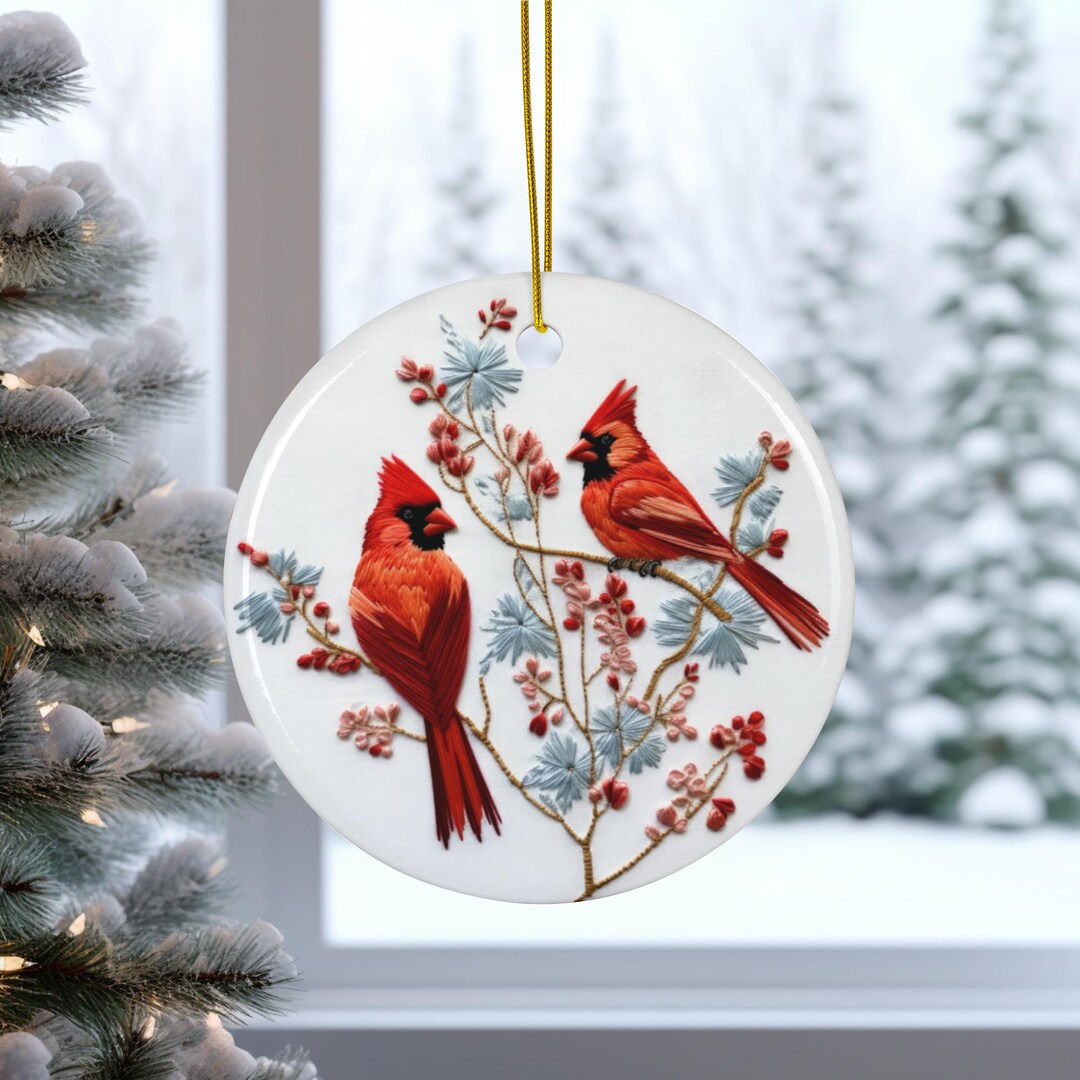 A Pair of Red Cardinals Ceramic Ornament, Embroidery Inspired Design ...