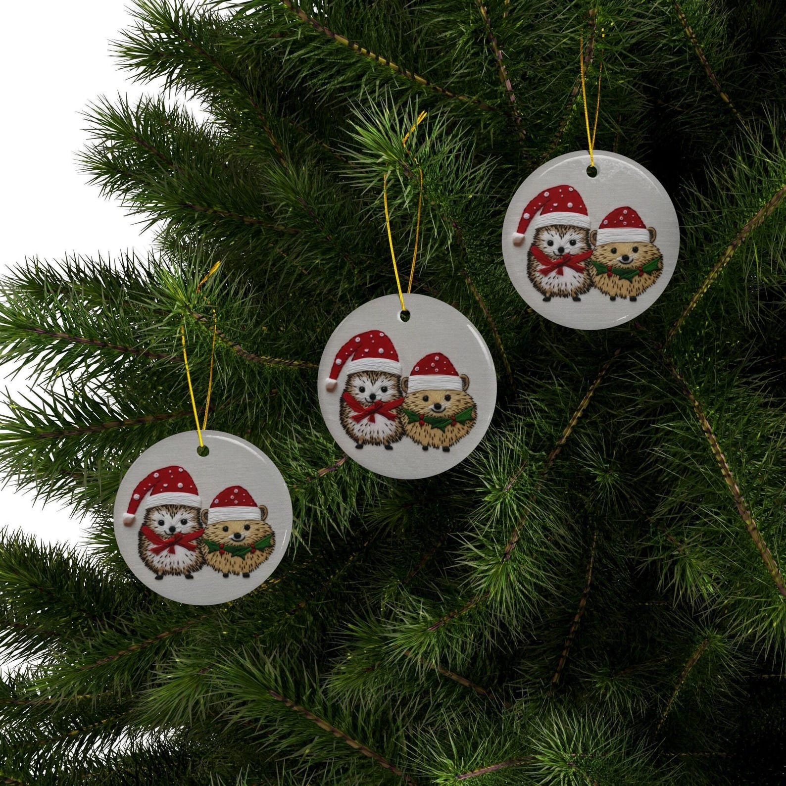 Two Cute Christmas Hedgehogs Ceramic Ornament, Embroidery Inspired ...