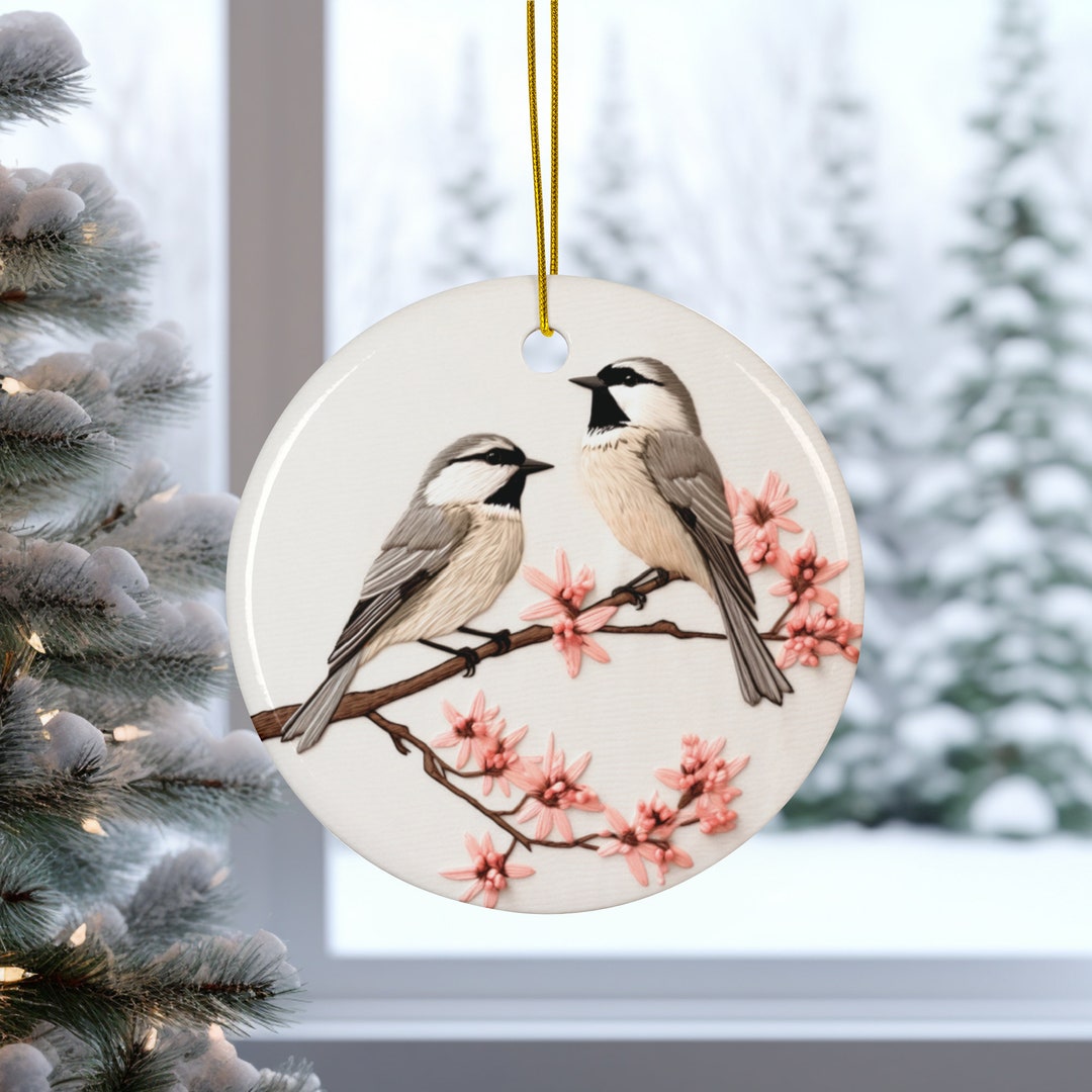 Chickadees on Pink Blossom Ceramic Ornament, Embroidery Inspired Design ...