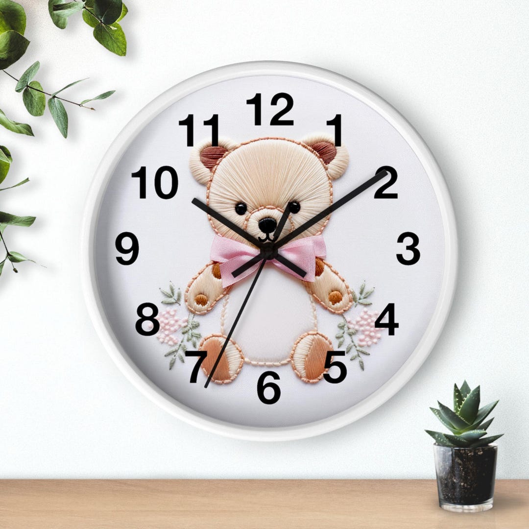 Classic Teddy Bear With Pink Bow Wall Clock, Customizable Options ...