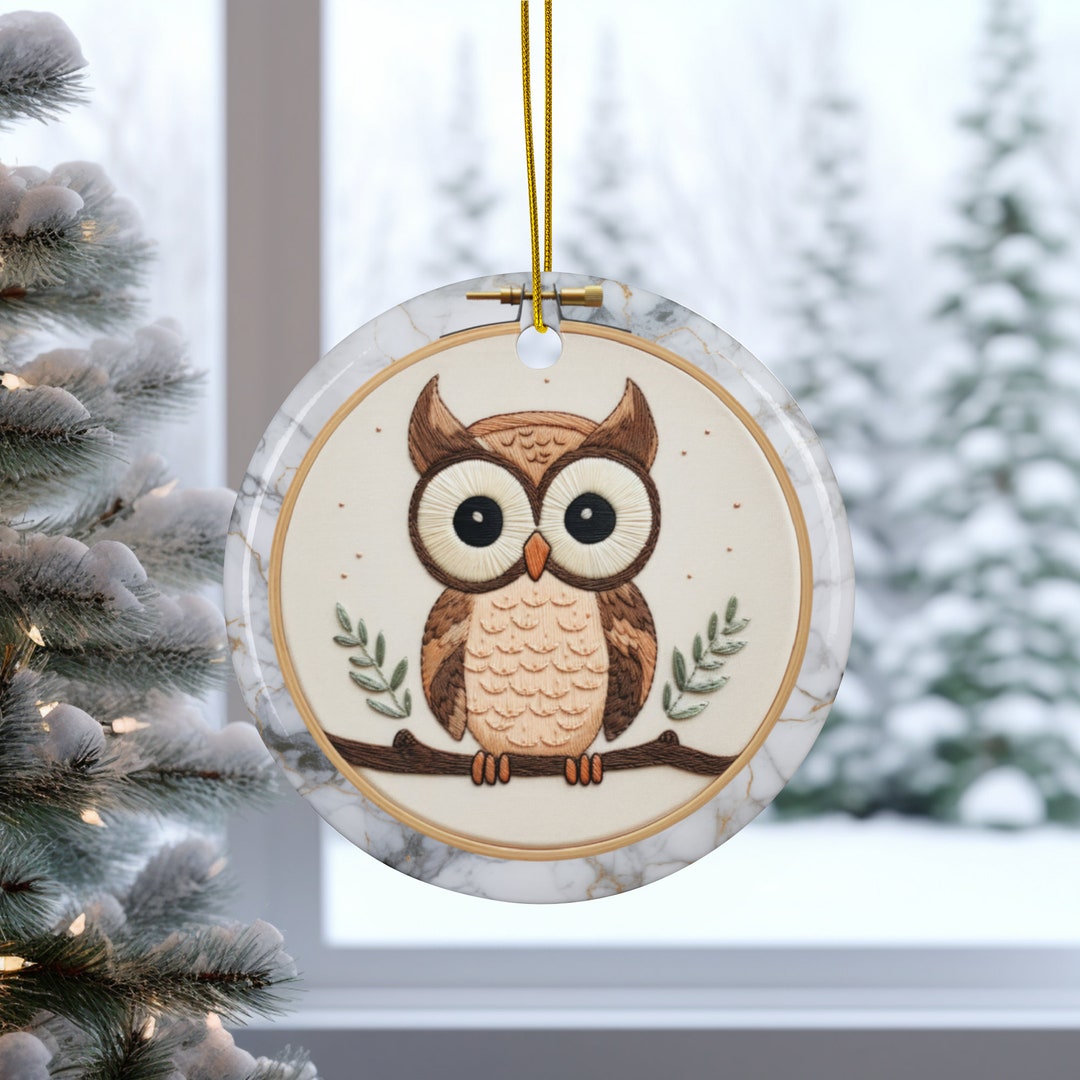 Classic Owl Design Ceramic Ornament Embroidery Inspired Hoop - Etsy