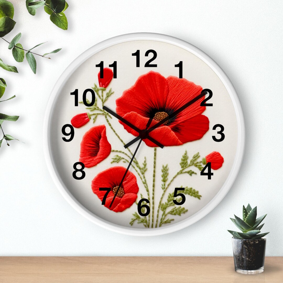 Red Poppy Wall Clock, Embroidery Design, Customizable - Etsy