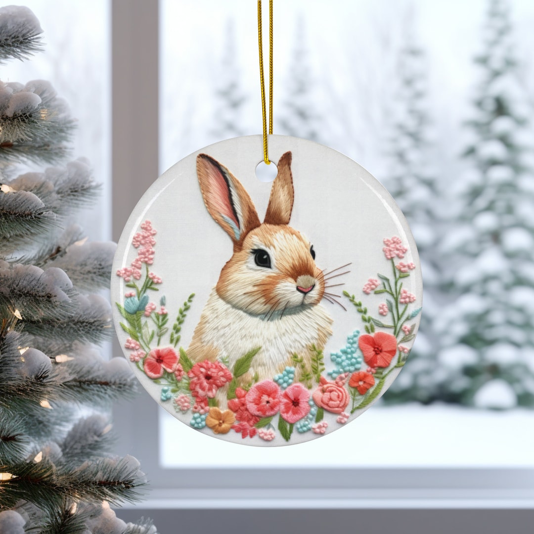 Realistic Style Rabbit With Floral Wreath Ceramic Ornament, Embroidery ...