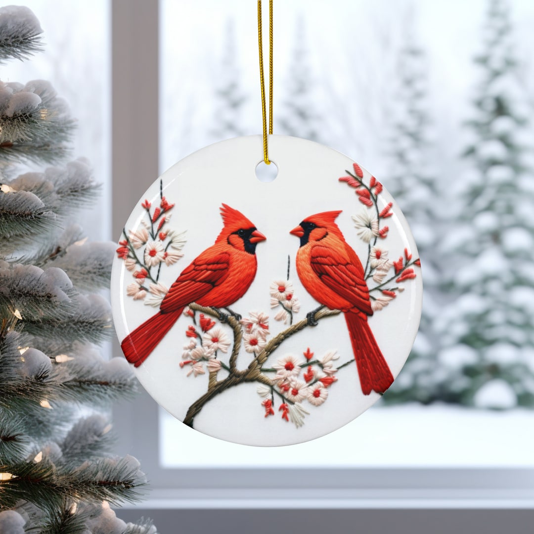 Red Cardinals Ceramic Ornament, Embroidery Inspired Design, Bird ...