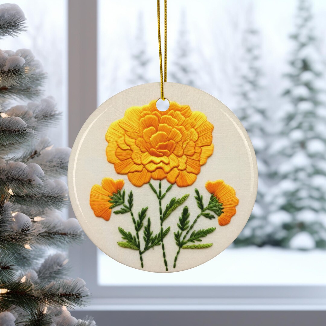 Marigold Flower Ceramic Ornament: Embroidery-inspired Holiday Decor - Etsy