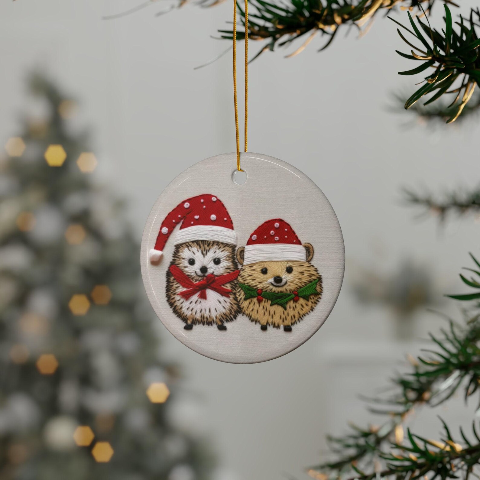 Two Cute Christmas Hedgehogs Ceramic Ornament, Embroidery Inspired ...