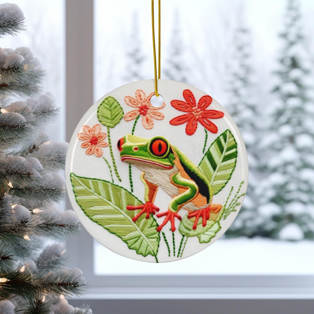 Red Eyed Tree Frog Ceramic Ornament, Embroidery Inspired Design ...