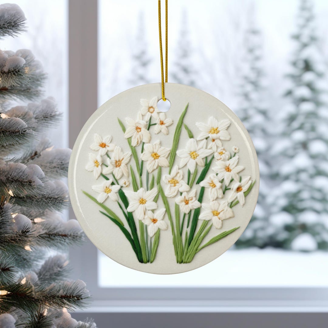 Winter Paperwhite Bouquet Ceramic Ornament: Embroidery-inspired Floral ...