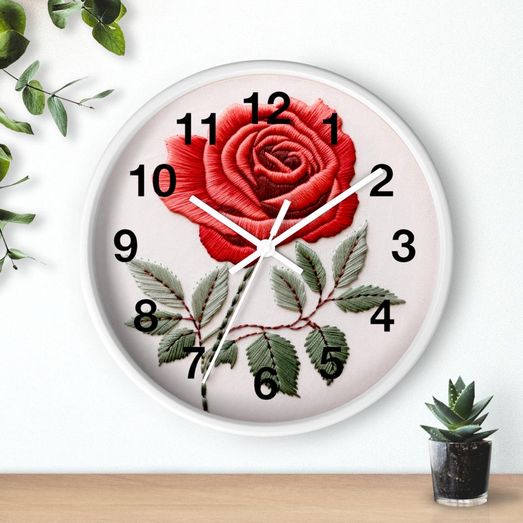 Classic Single Red Rose Wall Clock, Customizable Options, Embroidery ...