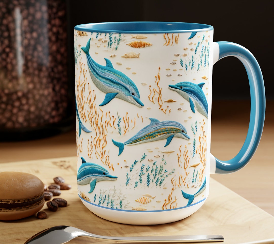 Cute Embroidered Blue Dolphin Designed Mug, 15oz, 3D Design, Cozy Home ...