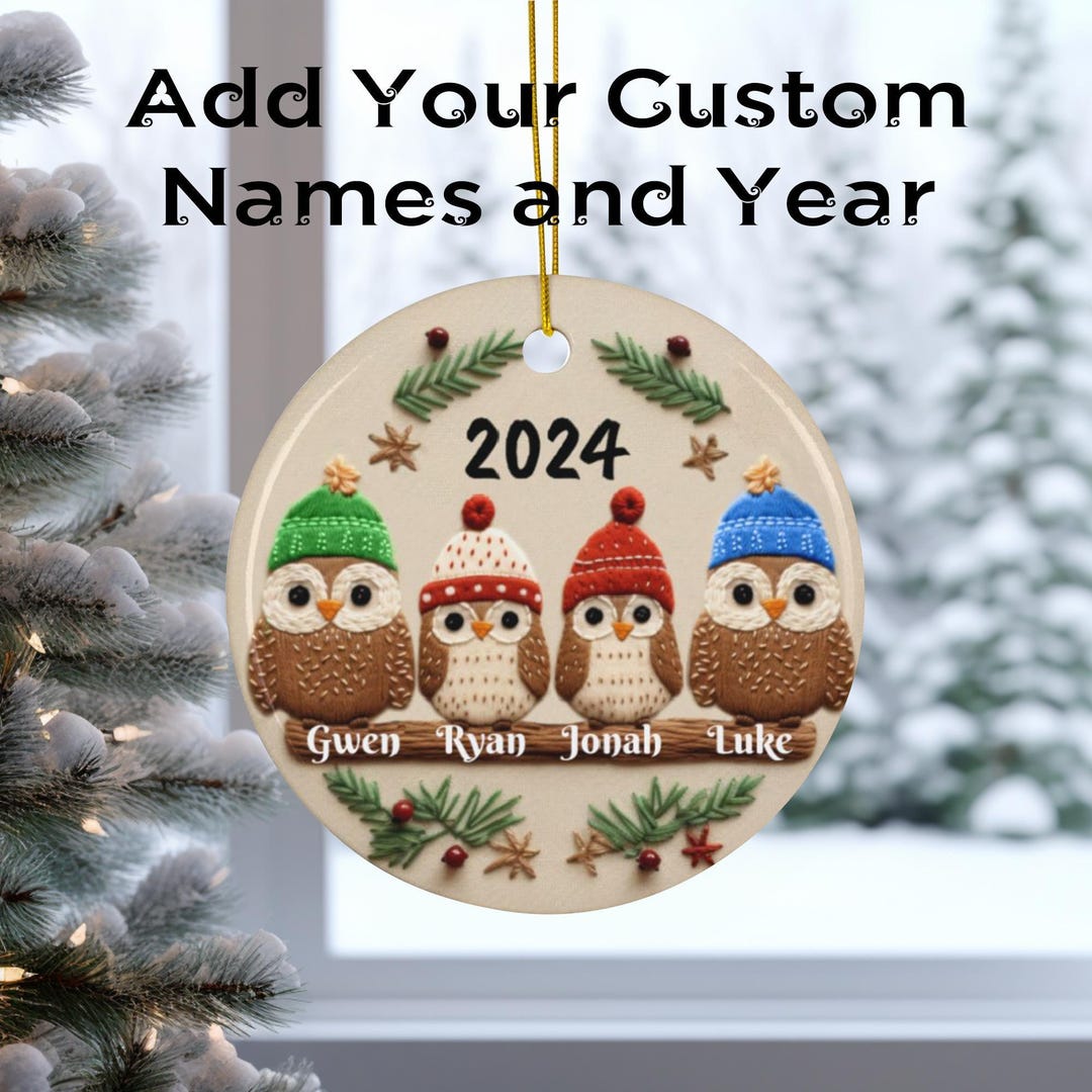 Personalized With Your Names and Year - 4 Owls in Winter Hats Ceramic ...