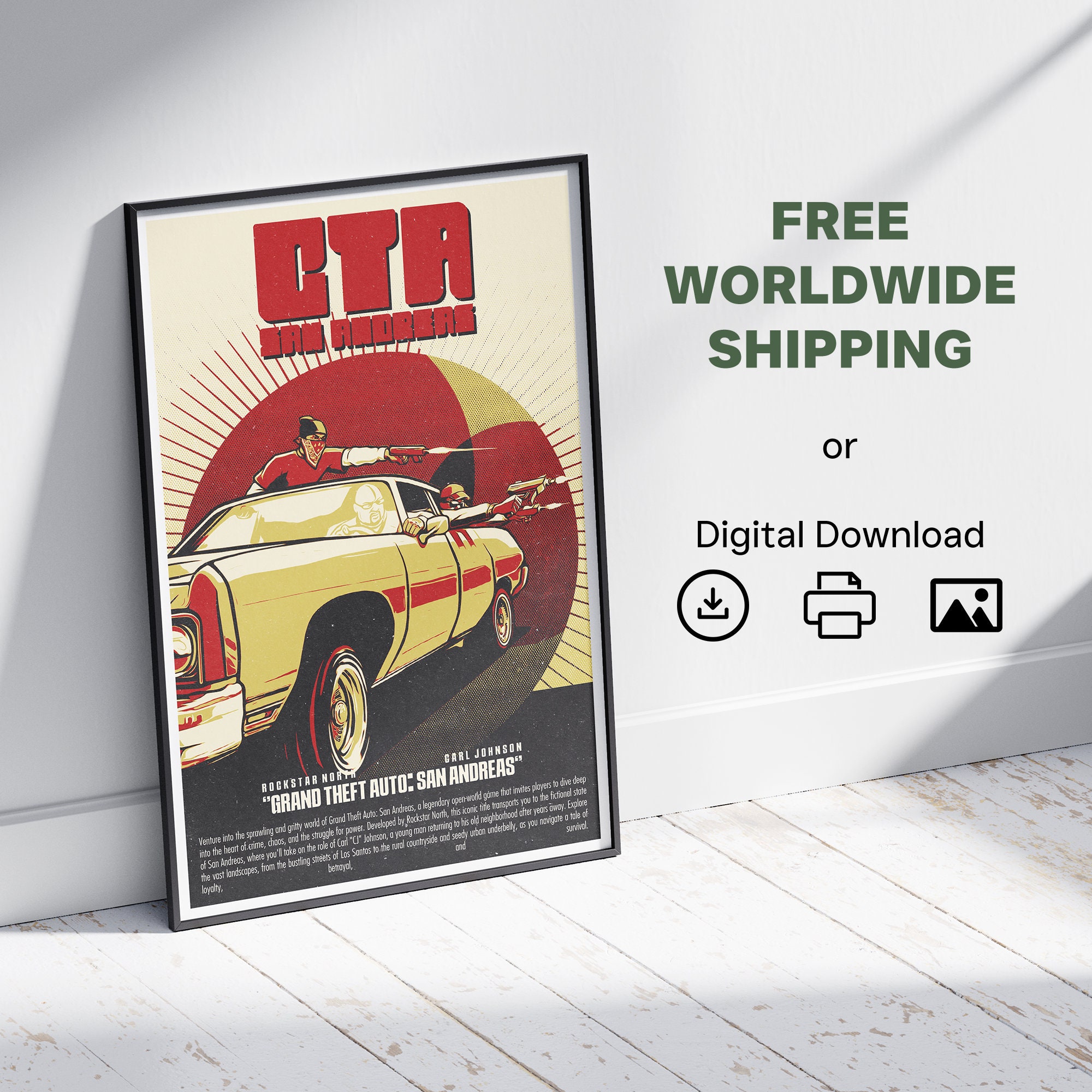 GTA San Andreas Poster Retro Vector Technique Gaming Wall Art Digital ...