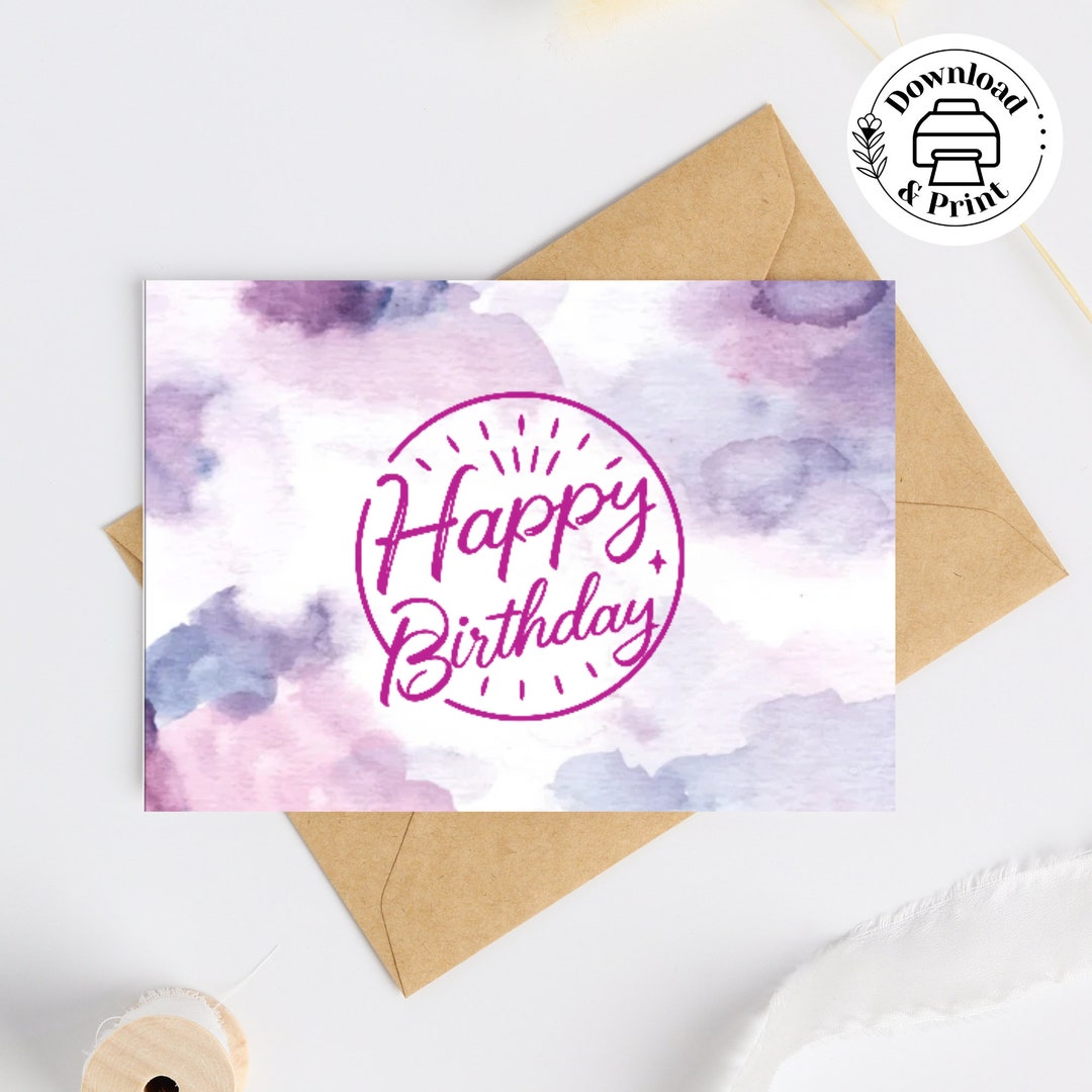 Purple Happy Birthday Card, Printable Birthday Card, Purple Violet ...
