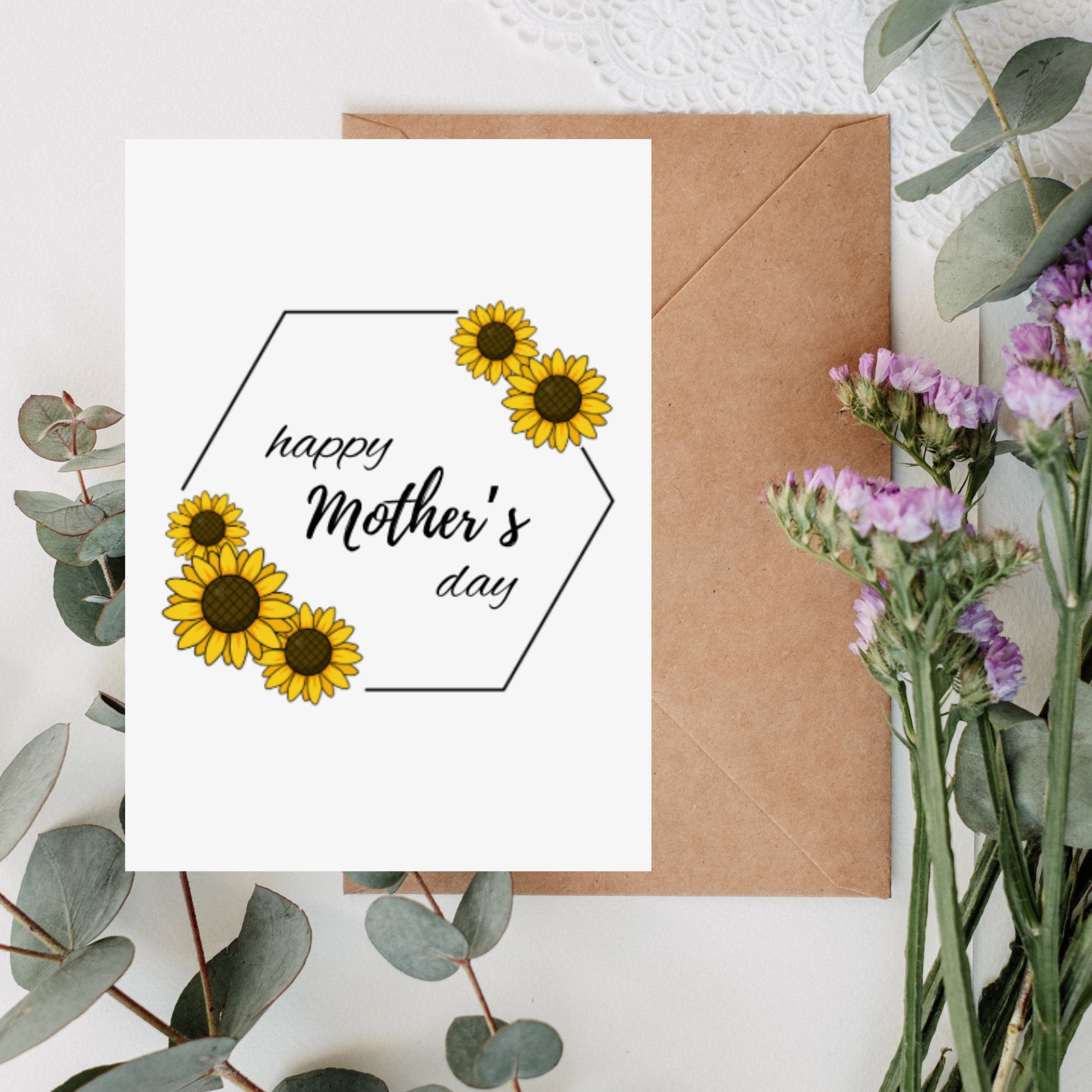 Printable Sunflower Mother's Day Cards, Minimalistic Sunflower Flowers ...