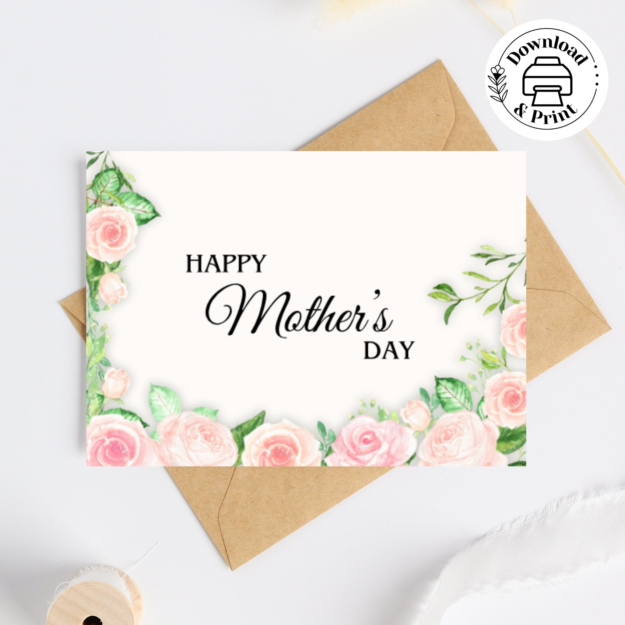 Rose Printable Mother's Day Cards, Pink Rose Watercolor Flowers ...