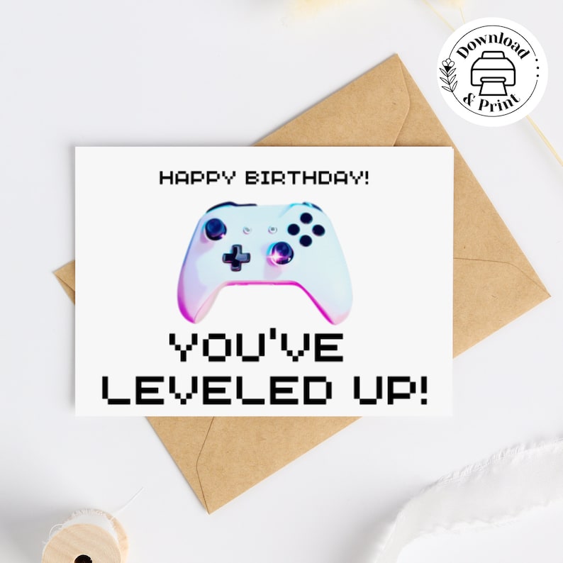 Gaming Controller Printable Birthday Card, You've Leveled Up, Blue Pink ...