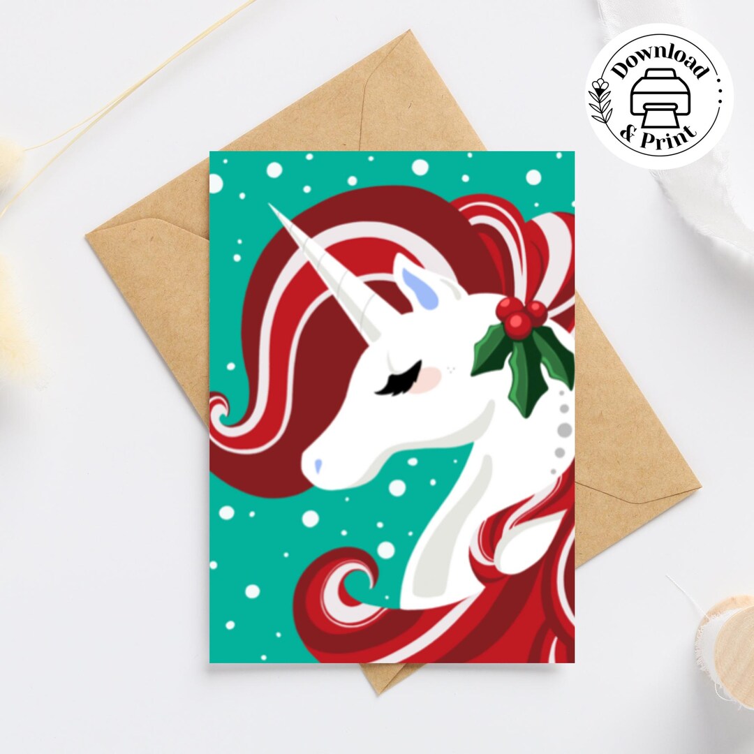 Christmas Candy Cane Unicorn Card, Christmas Greeting Card, Red + White ...