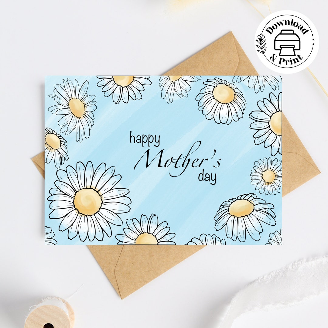Printable Mother's Day Cards, Blue and White Daisies Watercolor Flowers ...