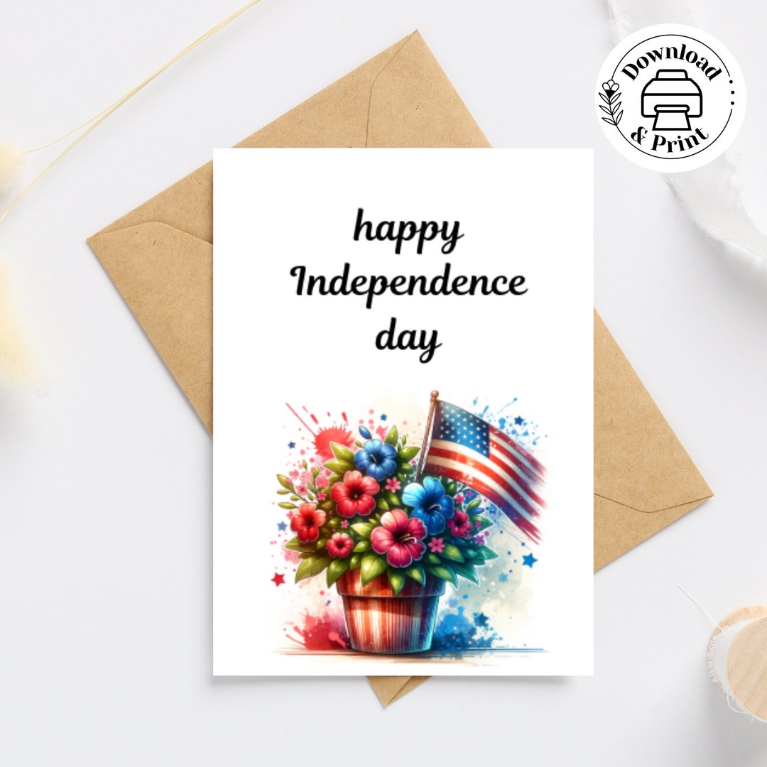 Printable Happy Independence Card, Flower Bouquet Card, Red White and ...