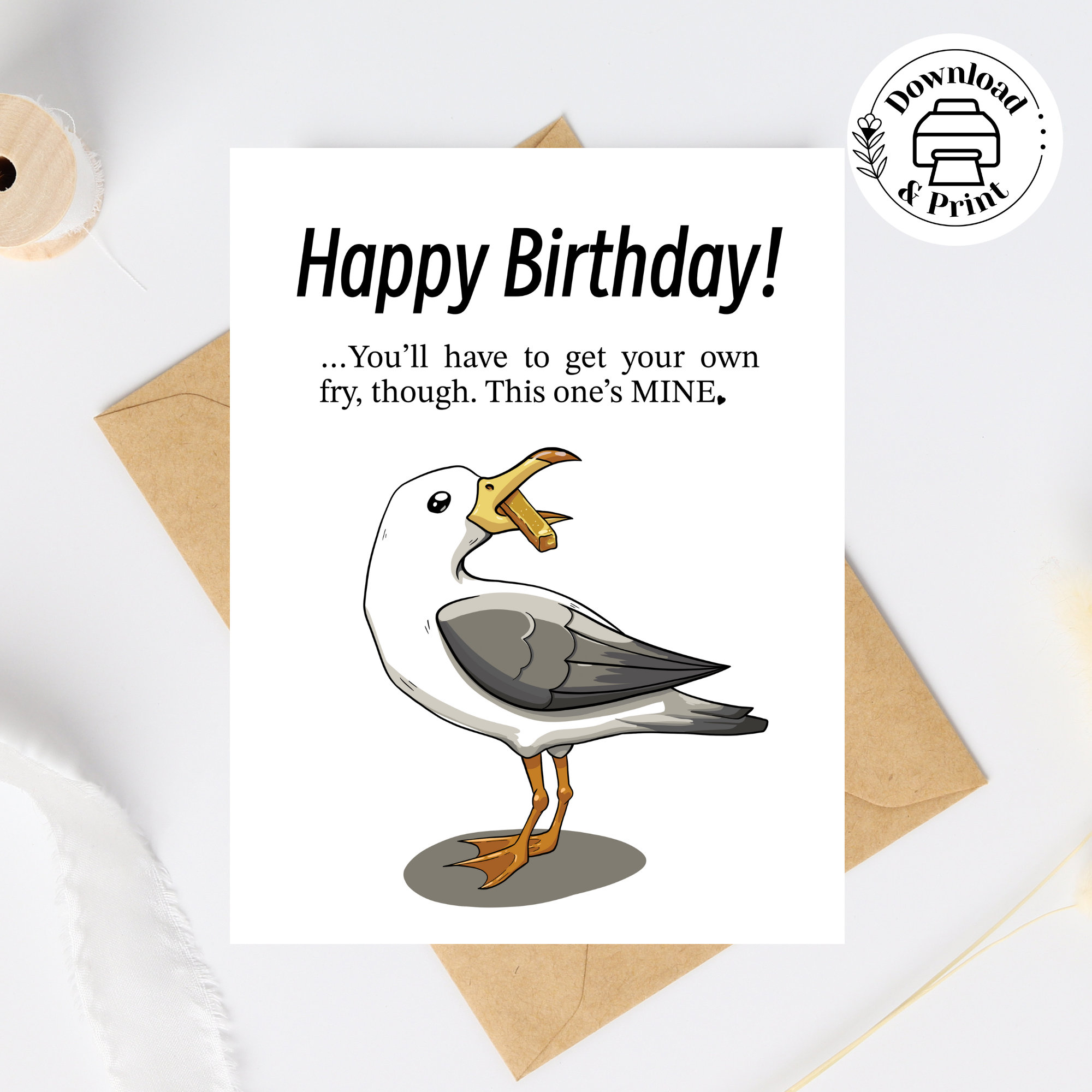 Printable Birthday Cards, Funny Seagull With a French Fry, Punny ...