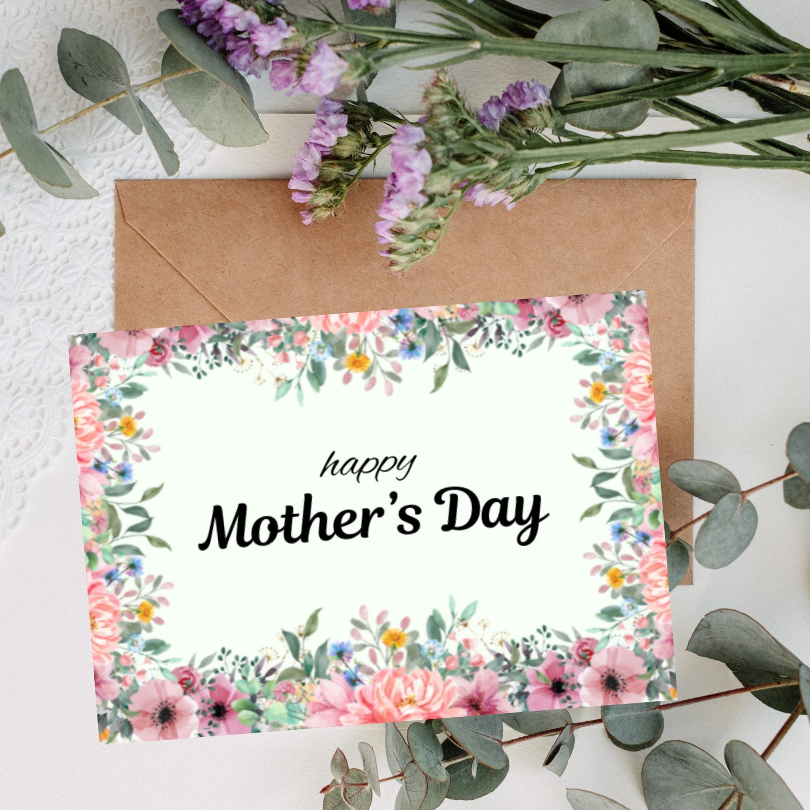 Printable Mother's Day Cards, Floral Pink and Green Border, Elegant ...
