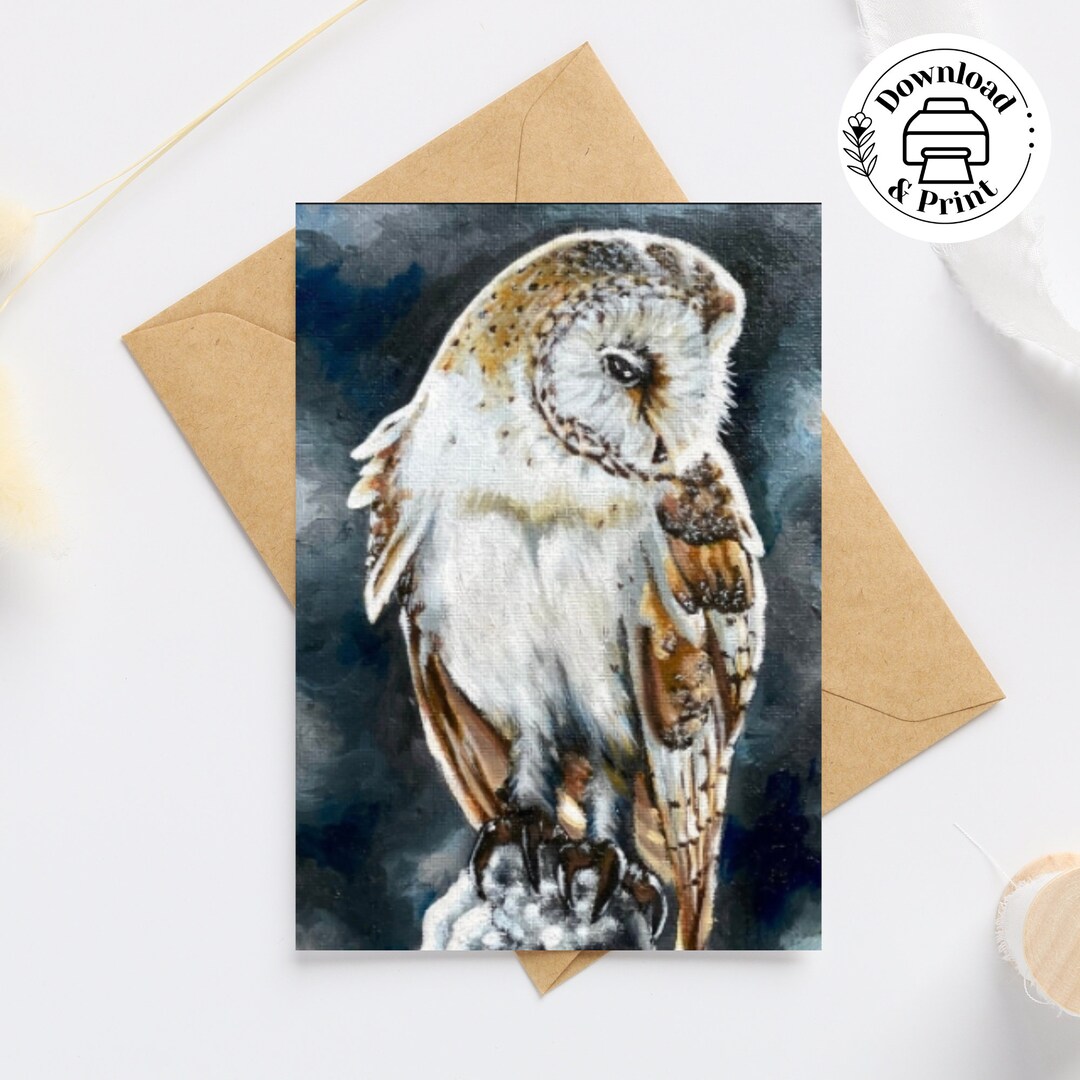 Owl Card, Printable All Occasions Card, Oil Painting of a Barn Owl Card ...