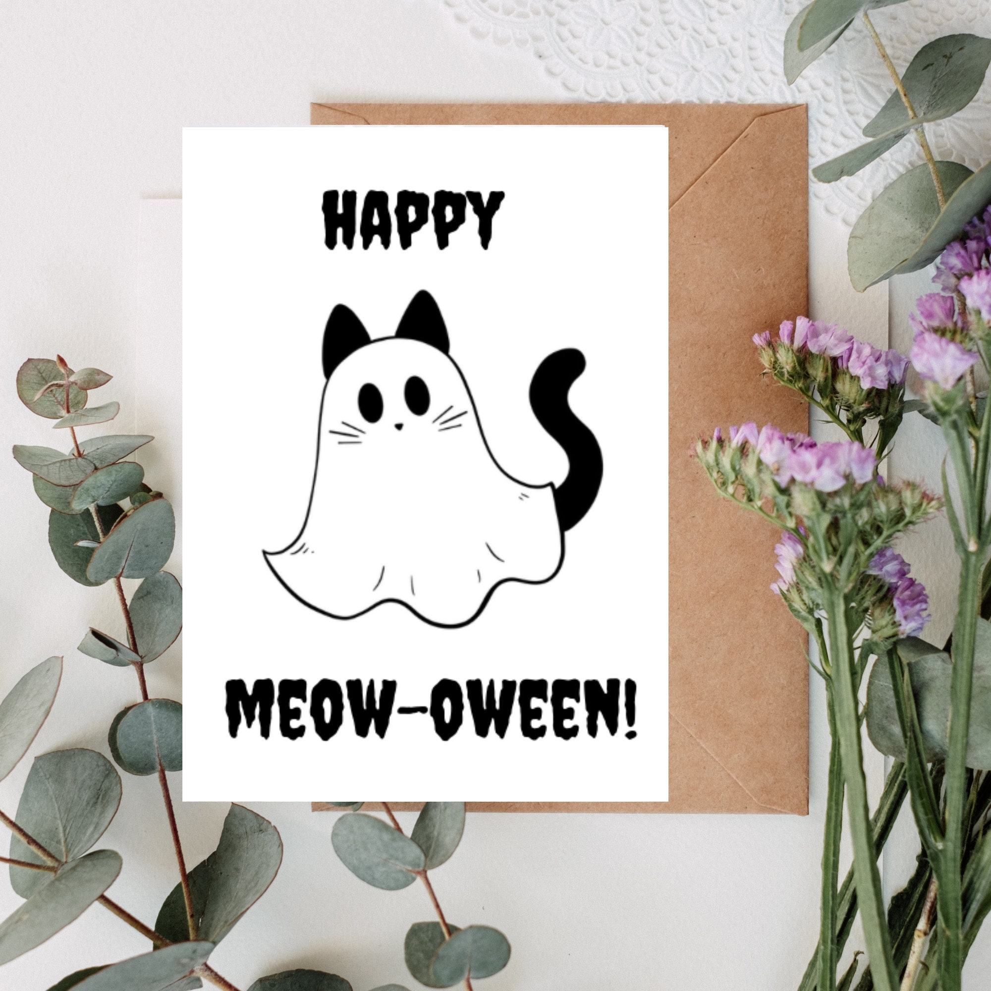 Happy Meow-oween Card, Printable Ghost Kitty Card, Halloween Card ...