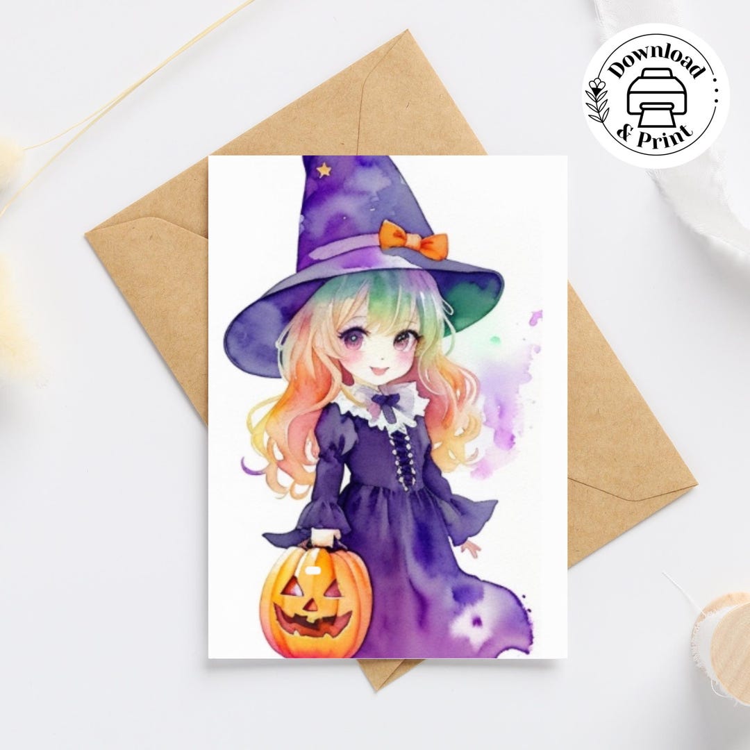 Watercolor Cute Witch Card, Printable Witch Cartoon Art Card, Halloween ...