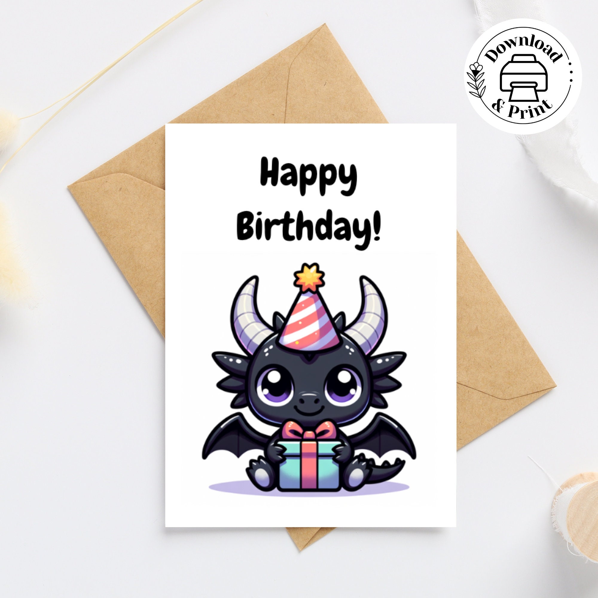 Black Dragon Happy Birthday Card, Printable Birthday Card, Dragon With ...