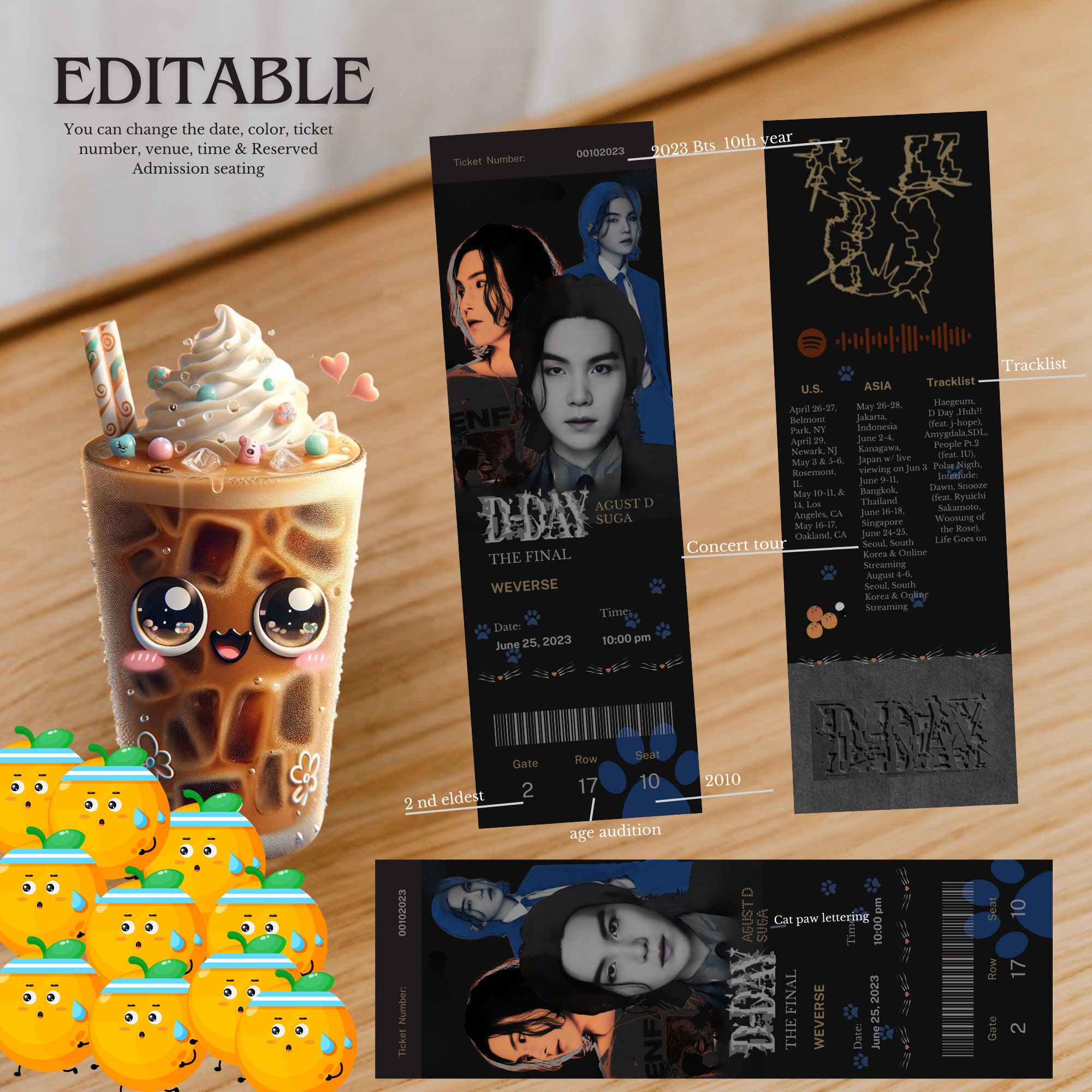 BTS Suga Agust D Printable Editable 3 Concert Tickets & Free Poster ...