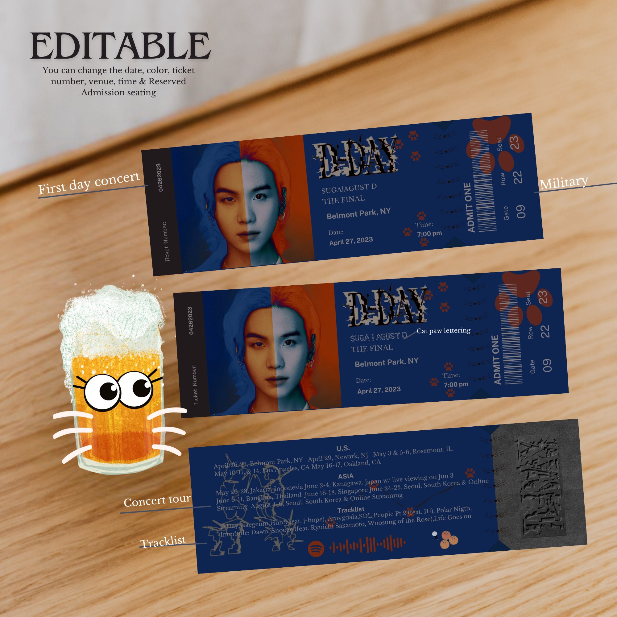 BTS Suga Agust D Printable Editable 3 Concert Tickets & Free Poster ...