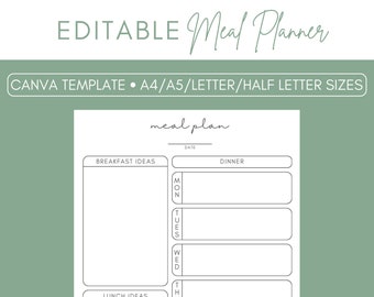 EDITABLE Weekly Meal Plan Template, Meal Planner, A4/a5/letter/half ...