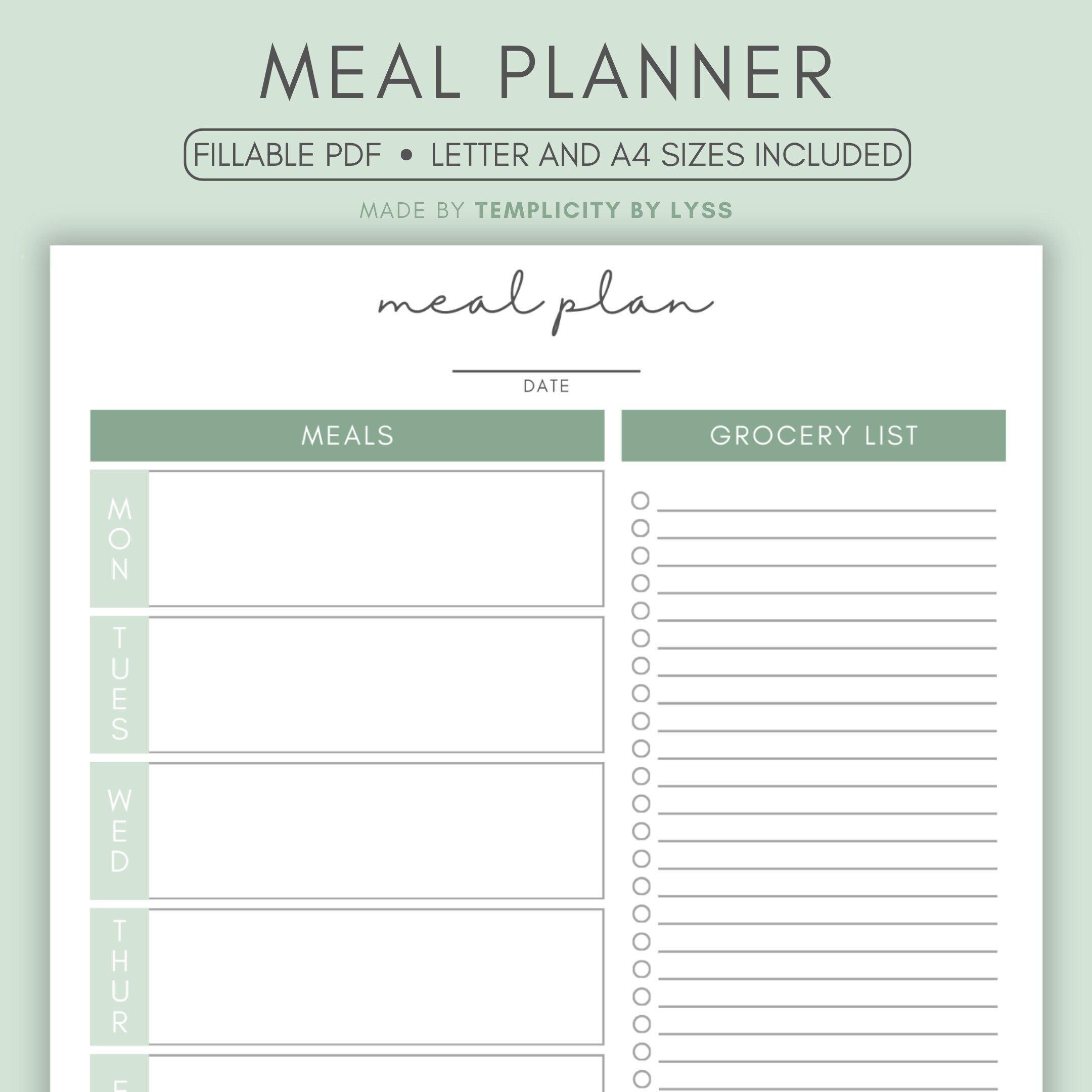 Meal Planner, Grocery List, Weekly Meal Planner, Menu Planner, Fillable ...