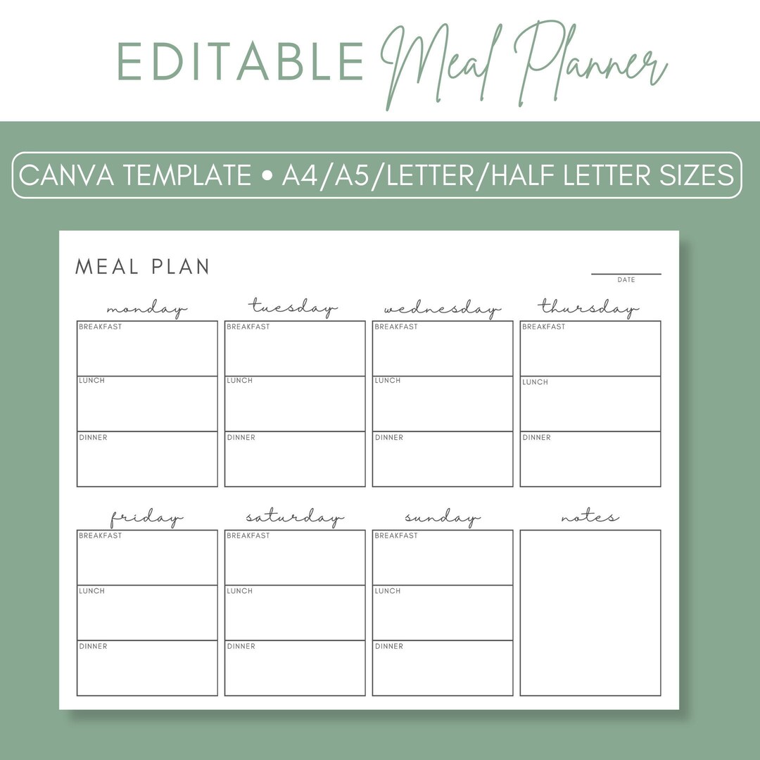 EDITABLE Weekly Meal Plan Template, Meal Planner, A4/a5/letter/half ...