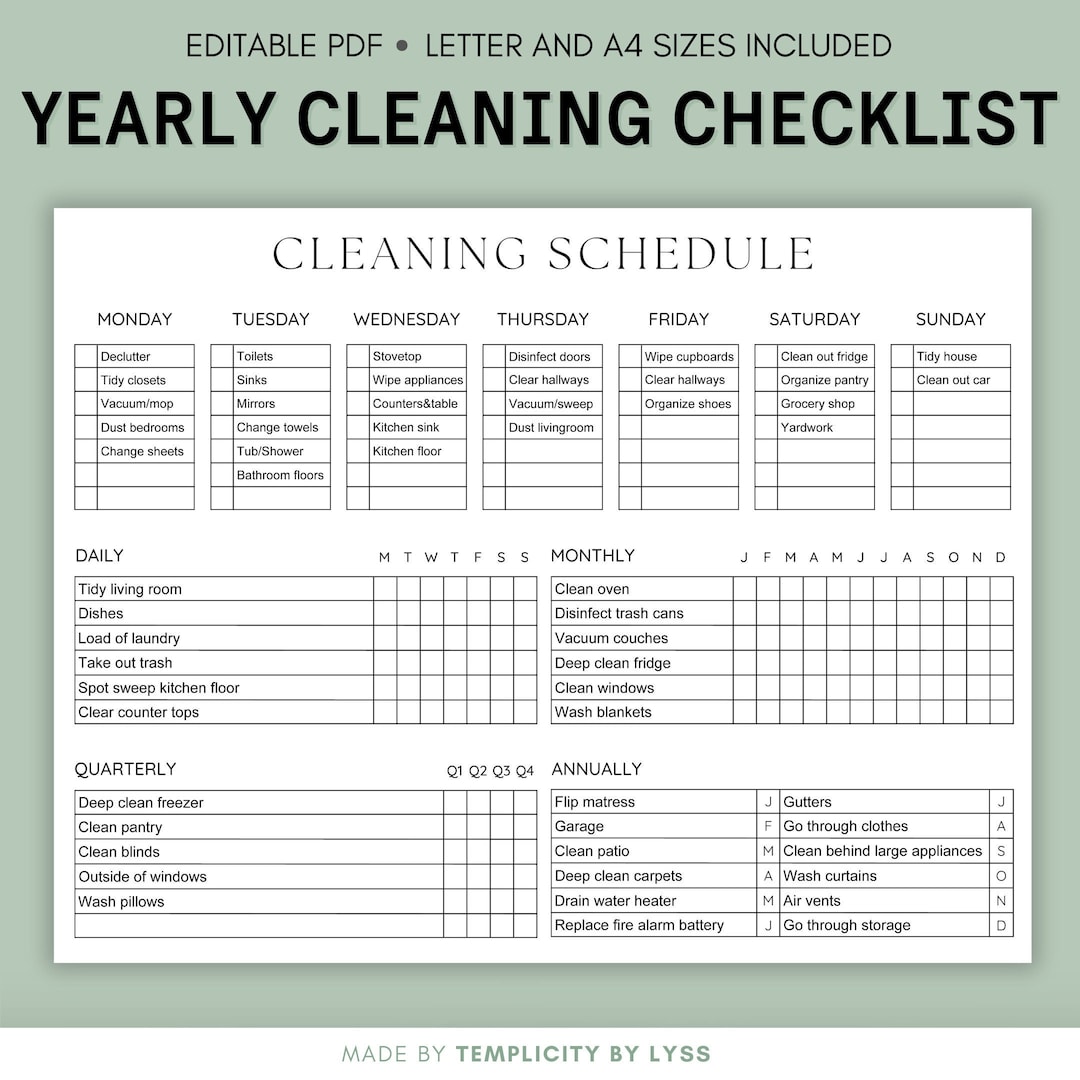 EDITABLE Cleaning Schedule, Yearly Cleaning Checklist, Household ...