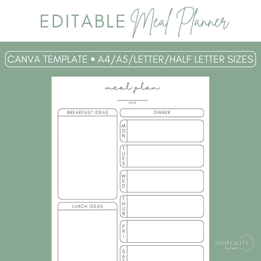 EDITABLE Weekly Meal Planner, Meal Plan Template, A4/a5/letter/half ...