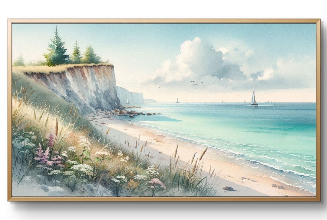 Blue Ocean View Watercolor Art Print Nautical Home Decor, Sea Coast ...