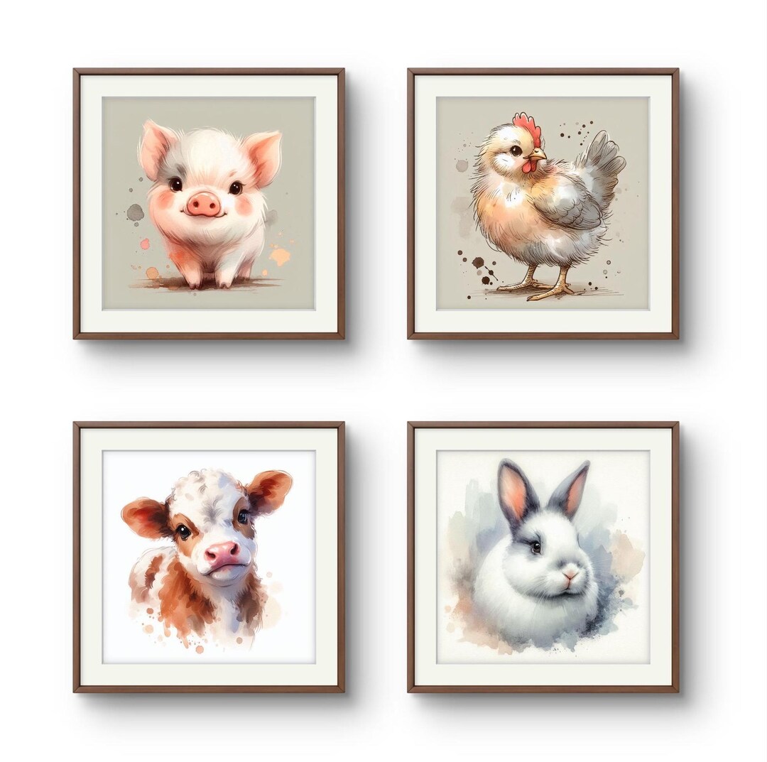 Domestic Animals Portraits for Kids Room Decor, Watercolor Artwork ...