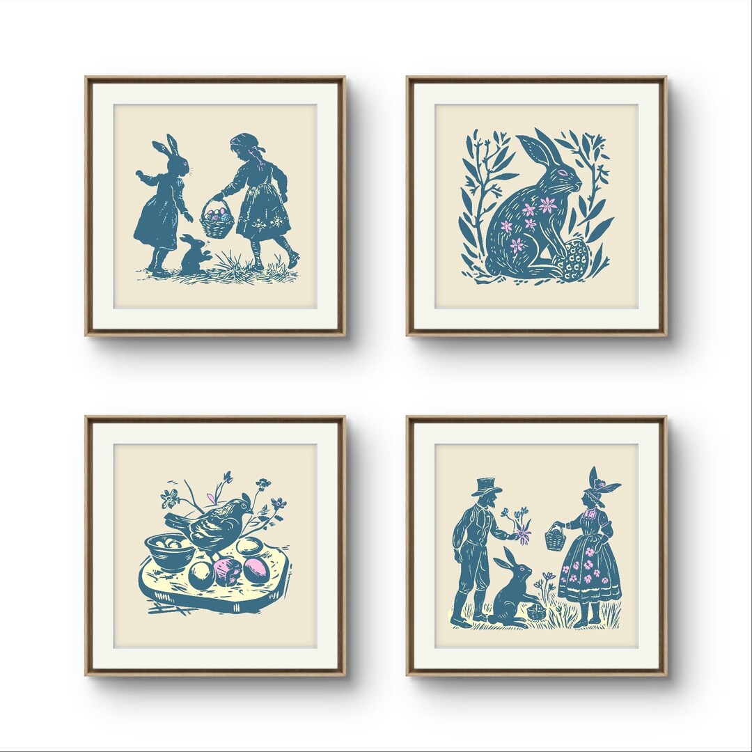 Easter Retro Art Set, Easter Rabbit's Family, Mid Century Easter Print ...