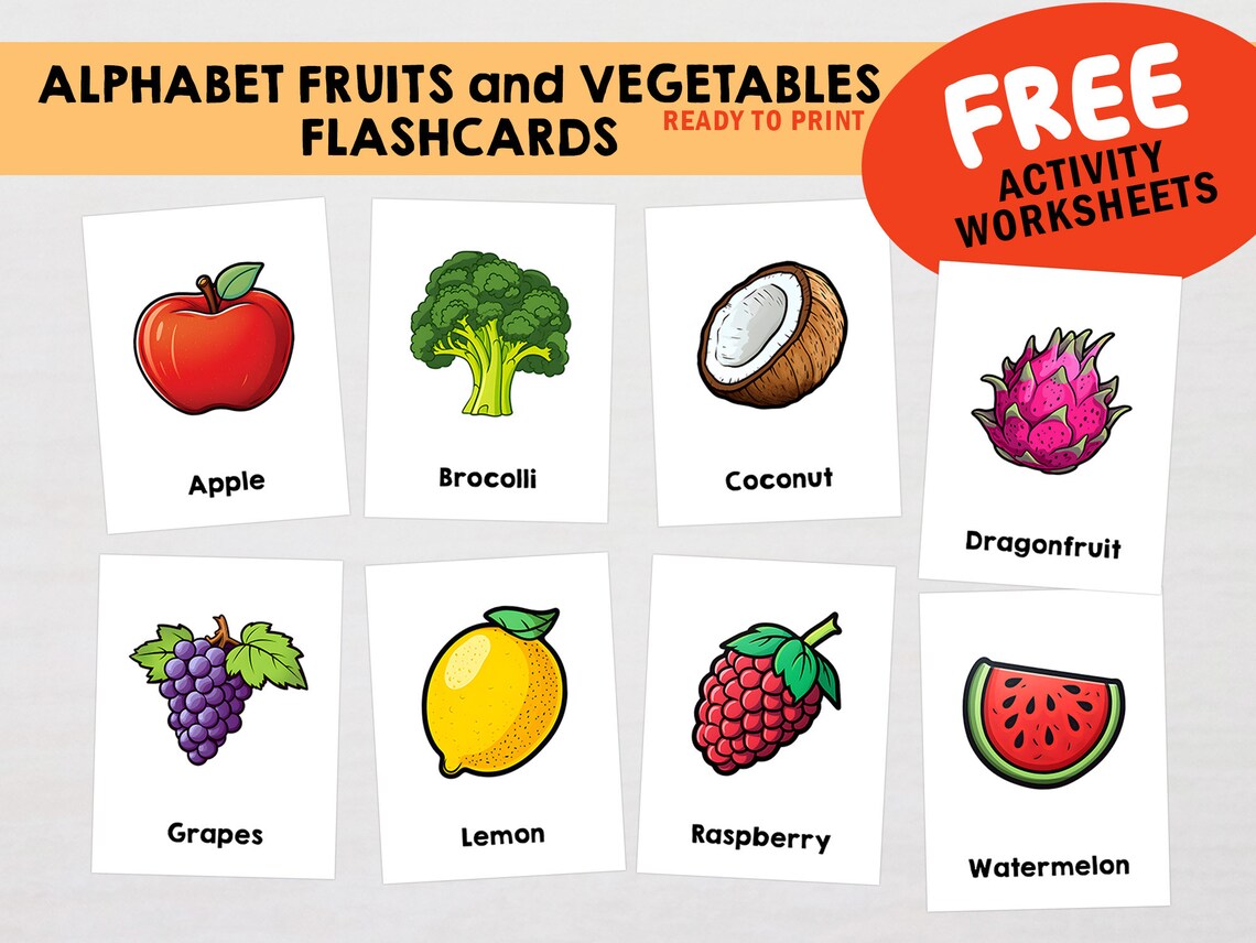 ALPHABET Fruits and Vegetables Flashcards • Flashcards for Kids • 26 ...