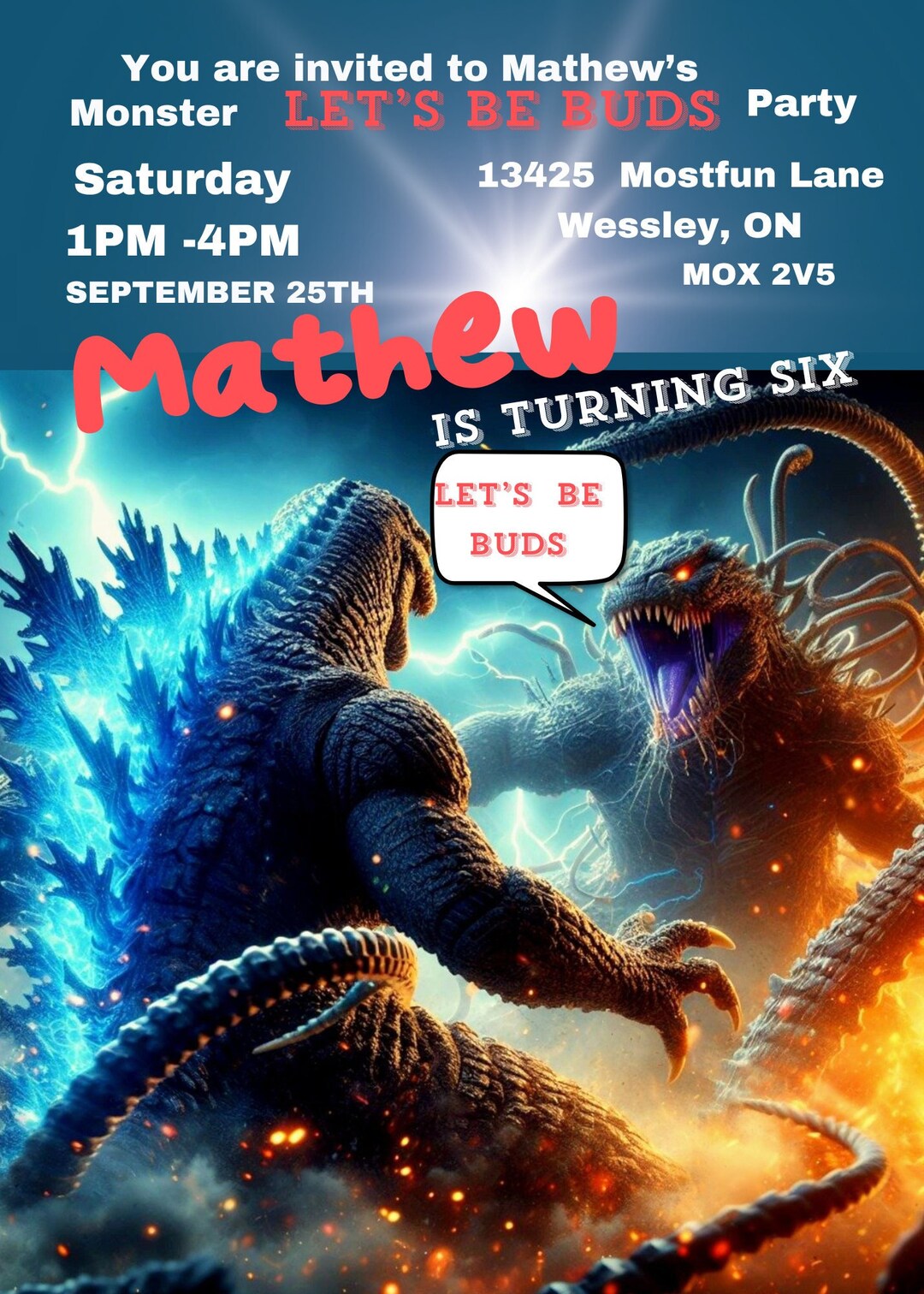 Godzilla Kong Birthday Invitation Godzilla Theme Let's Be Buds Party - Etsy