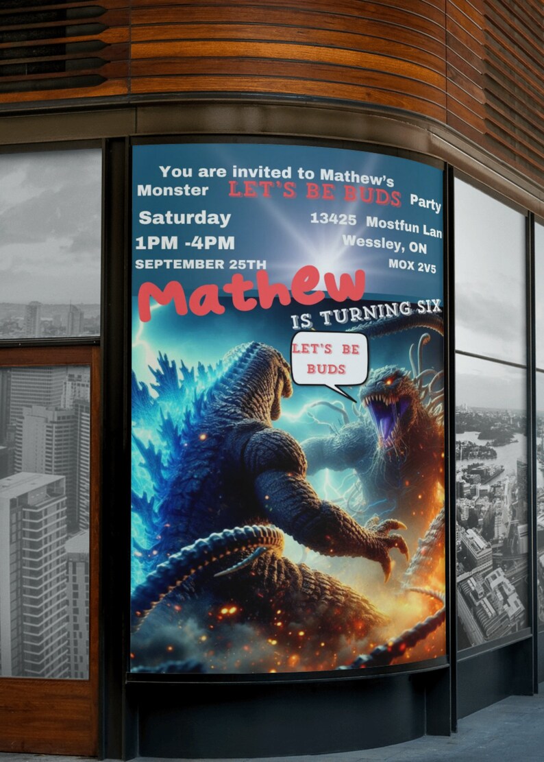 Godzilla Kong Birthday Invitation Godzilla Theme Let's Be Buds Party - Etsy