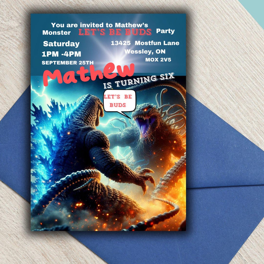 Godzilla Kong Birthday Invitation Godzilla Theme Let's Be Buds ...