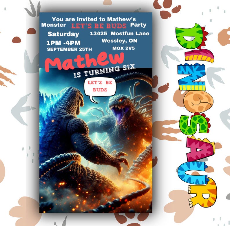 Godzilla Kong Birthday Invitation Godzilla Theme Let's Be Buds ...