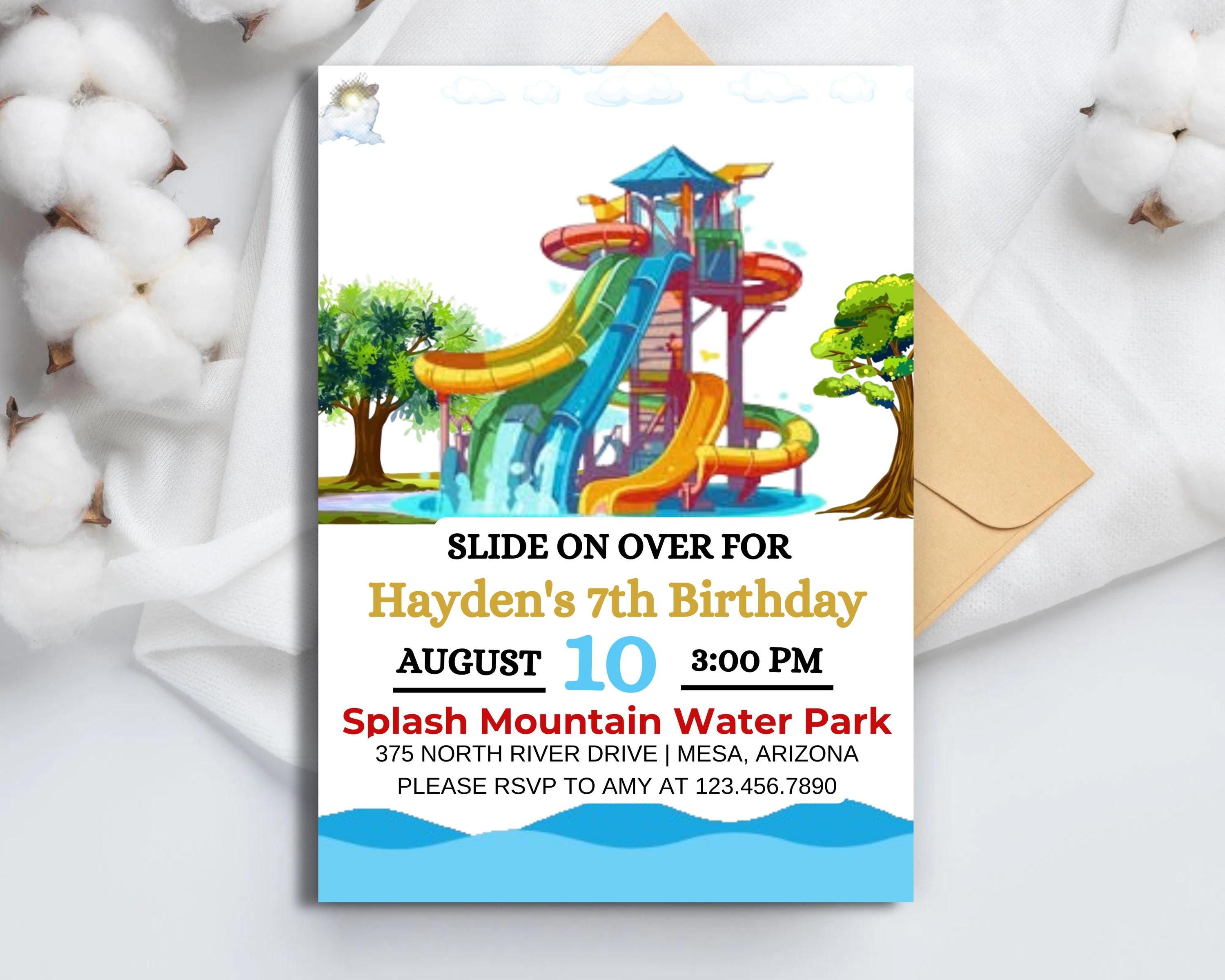 Editable Waterslide Birthday Invitation Summer Pool Party Splash ...