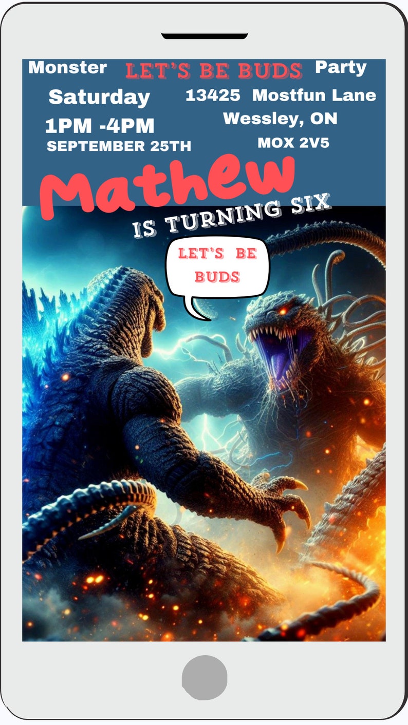 Godzilla Kong Birthday Invitation Godzilla Theme Let's Be Buds Party - Etsy