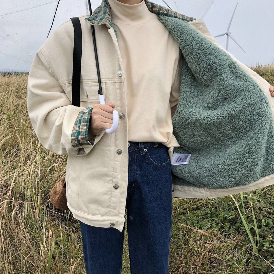 Vintage 90's Warm Winter Wool Coat Denim Jacket Outer Thick Fleece ...