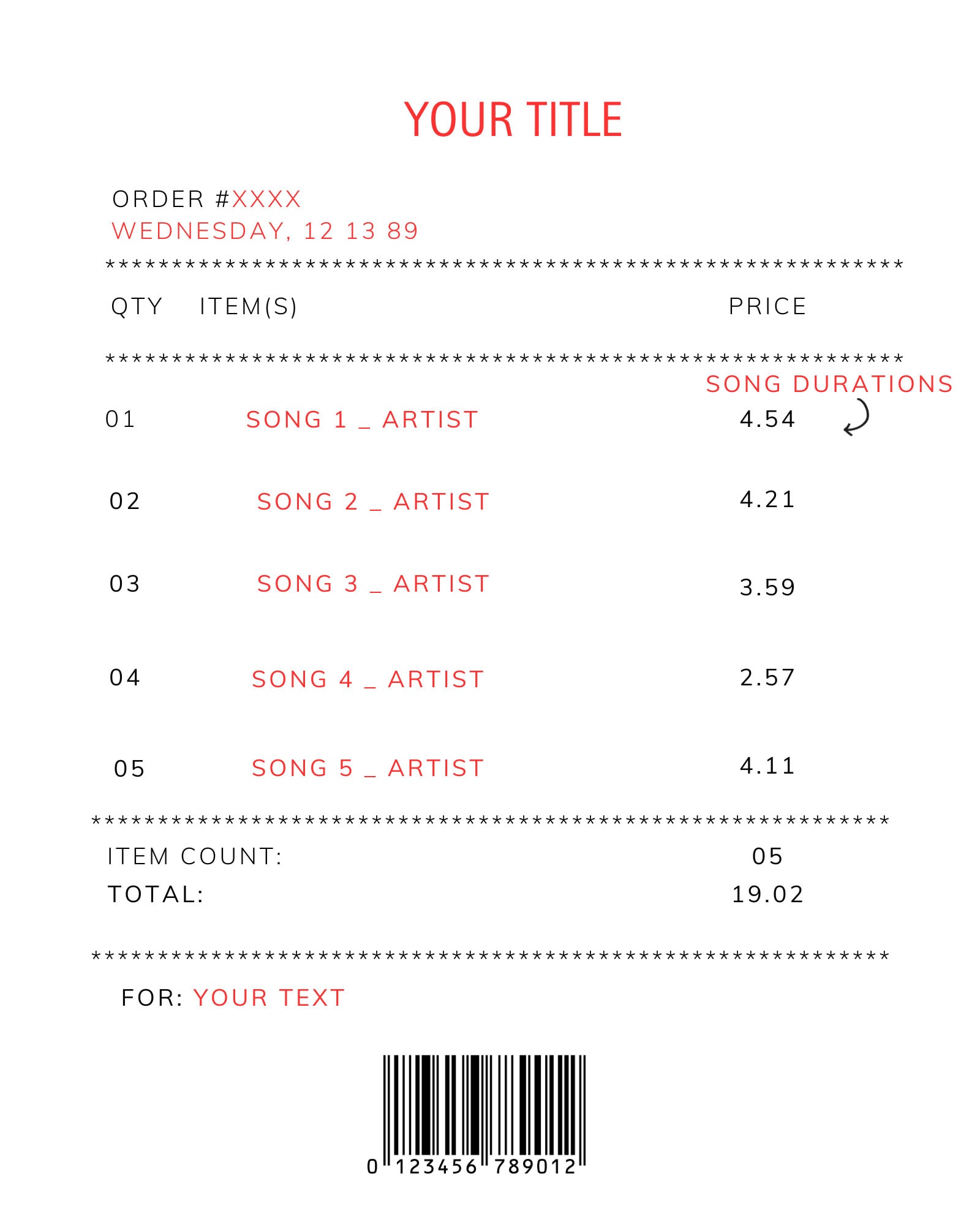 Song Receipt Customizable Poster - Etsy