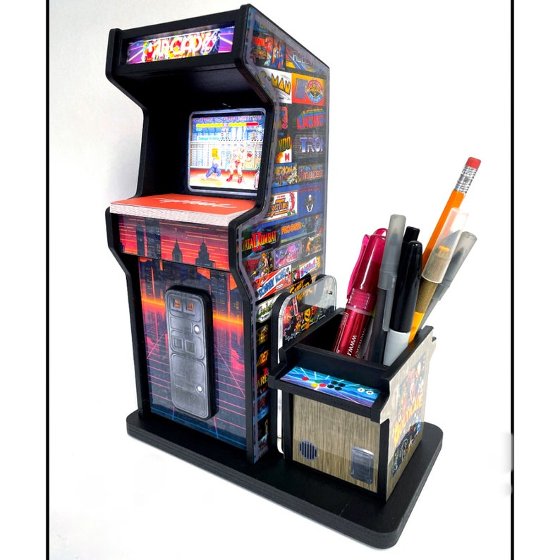 Vintage Arcade Cabinet Desk Organizer: LED Backlit Business Card Holder ...