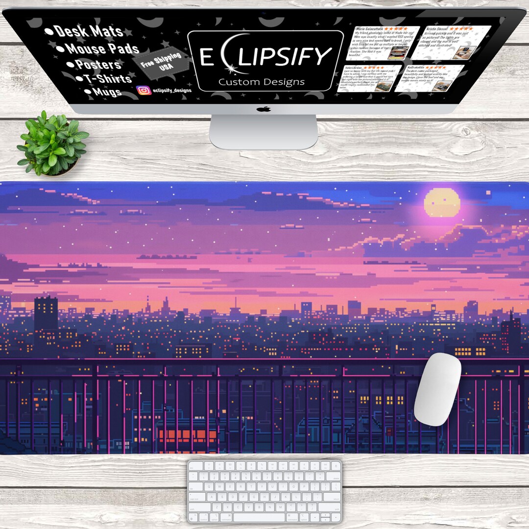 Pixel Art City Mouse Pad, Purple City Desk Mat, Pixel Art, Tokyo Street ...